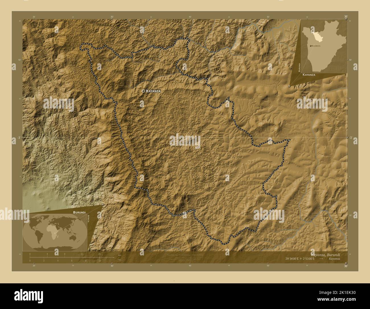 Kayanza, province of Burundi. Colored elevation map with lakes and ...
