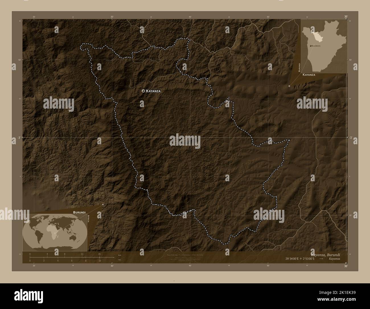 Kayanza, province of Burundi. Elevation map colored in sepia tones with ...