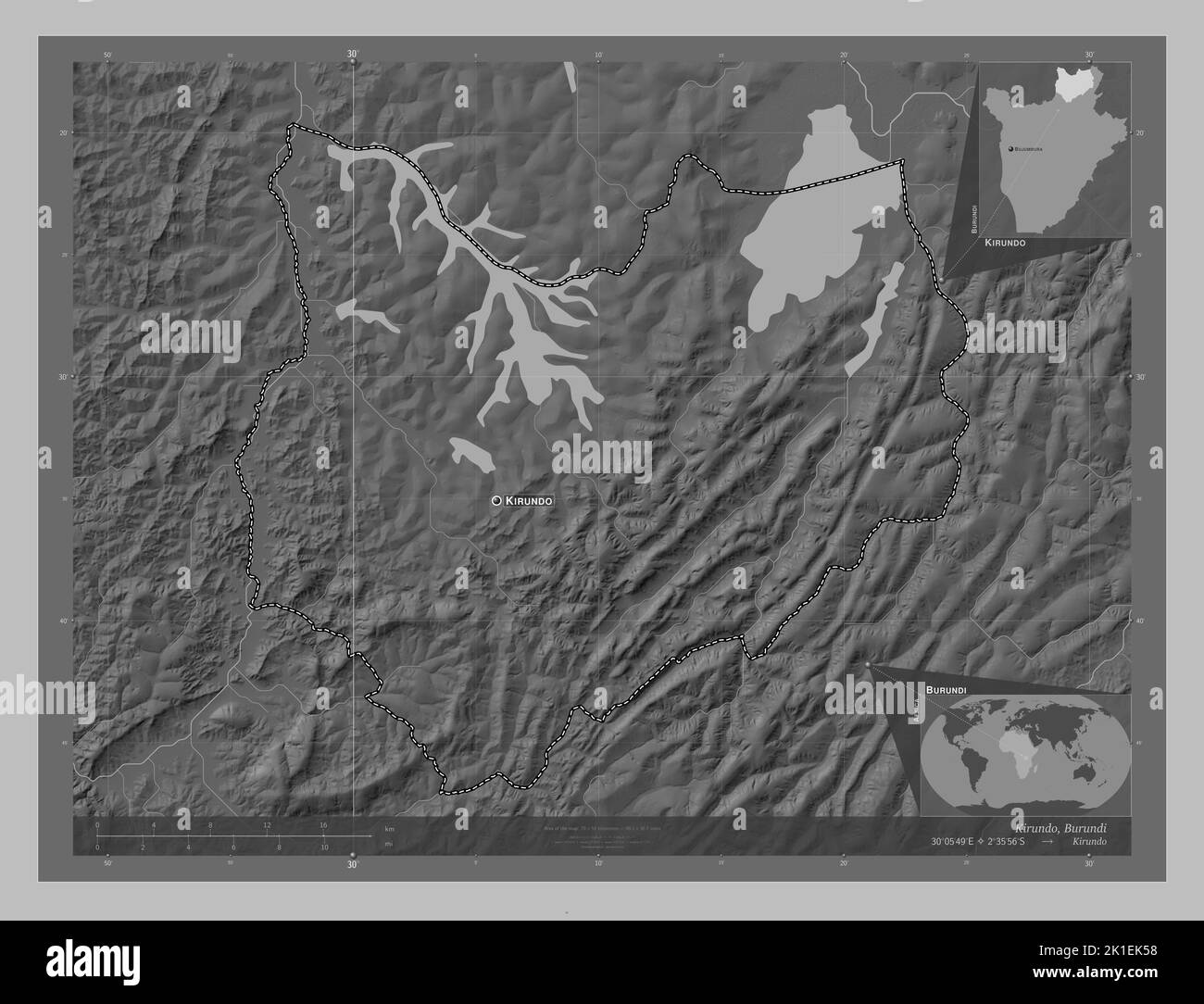 Kirundo, province of Burundi. Grayscale elevation map with lakes and ...