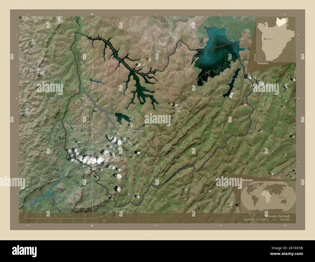 Kirundo, province of Burundi. High resolution satellite map. Locations ...