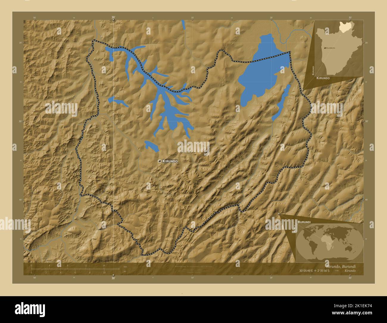 Kirundo, province of Burundi. Colored elevation map with lakes and ...