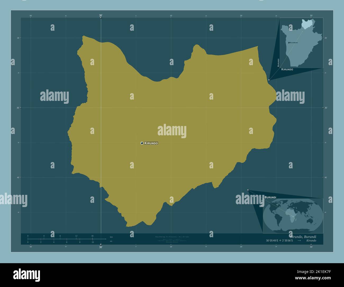 Kirundo, province of Burundi. Solid color shape. Locations and names of ...