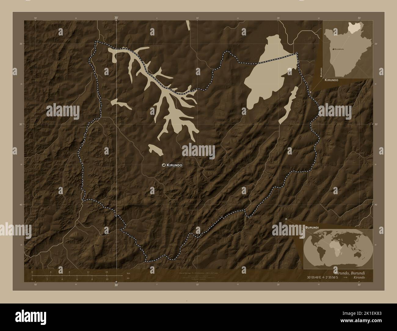 Kirundo, province of Burundi. Elevation map colored in sepia tones with ...