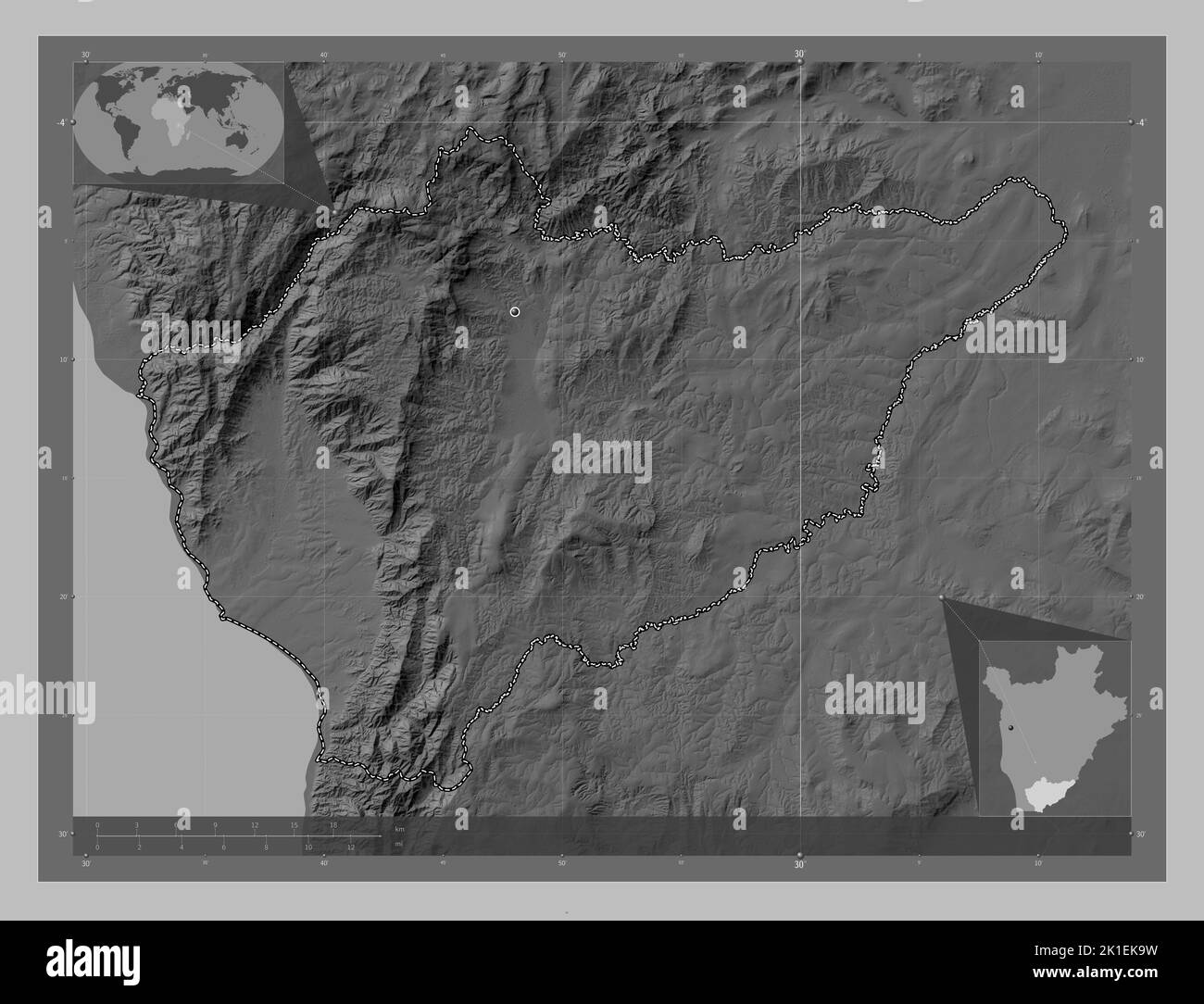 Makamba, province of Burundi. Grayscale elevation map with lakes and ...