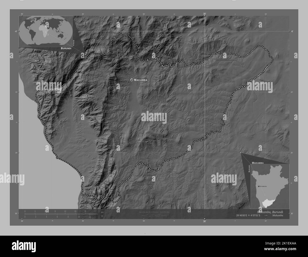 Makamba, province of Burundi. Grayscale elevation map with lakes and ...