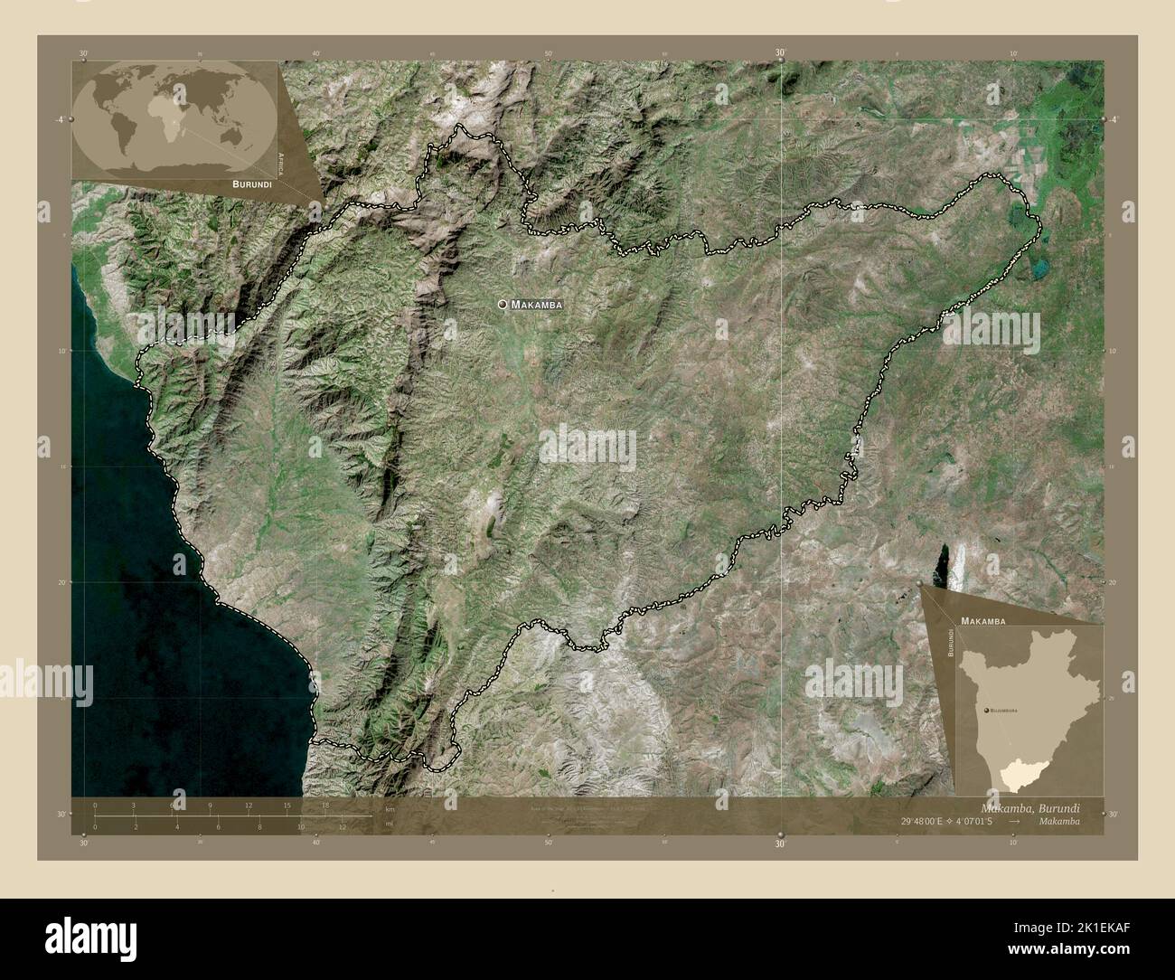 Makamba, province of Burundi. High resolution satellite map. Locations ...