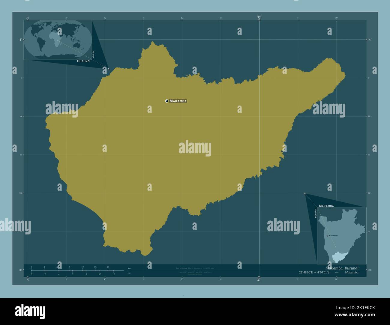 Makamba, province of Burundi. Solid color shape. Locations and names of ...