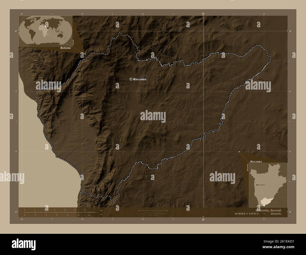 Makamba, province of Burundi. Elevation map colored in sepia tones with ...