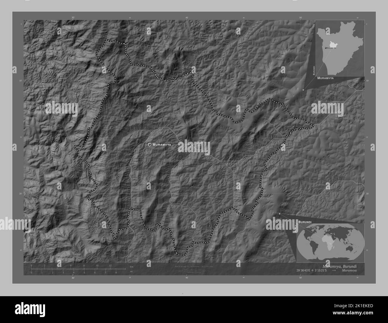 Muramvya, province of Burundi. Grayscale elevation map with lakes and ...