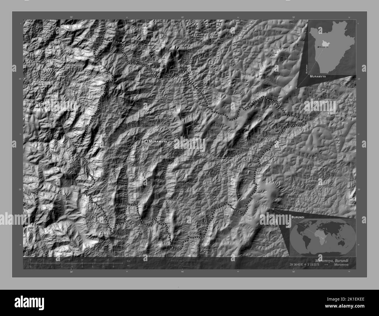 Muramvya, province of Burundi. Bilevel elevation map with lakes and ...