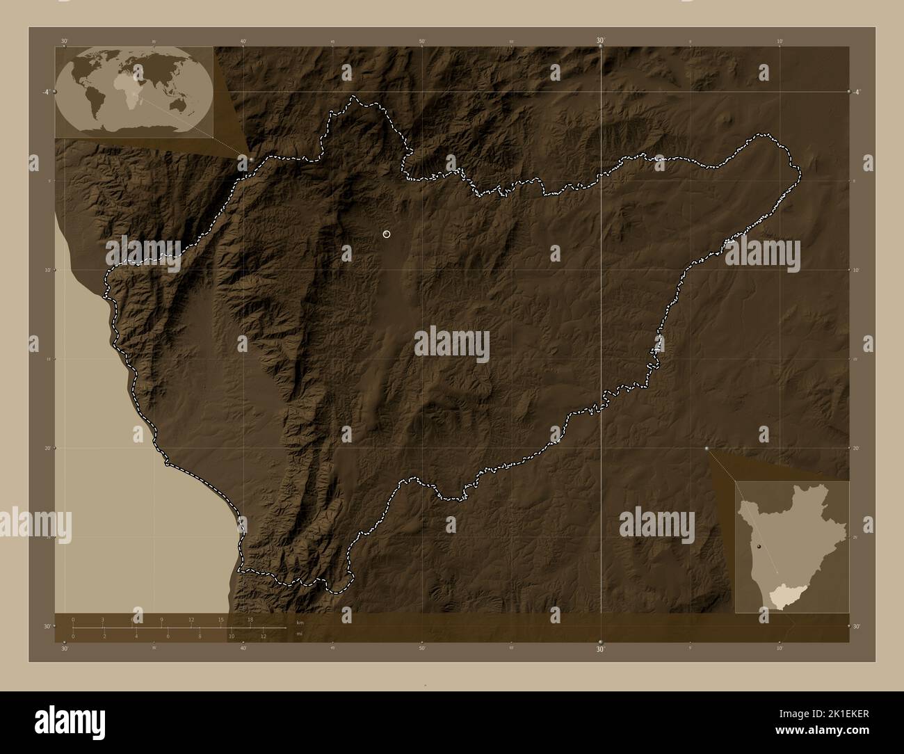 Makamba, province of Burundi. Elevation map colored in sepia tones with ...