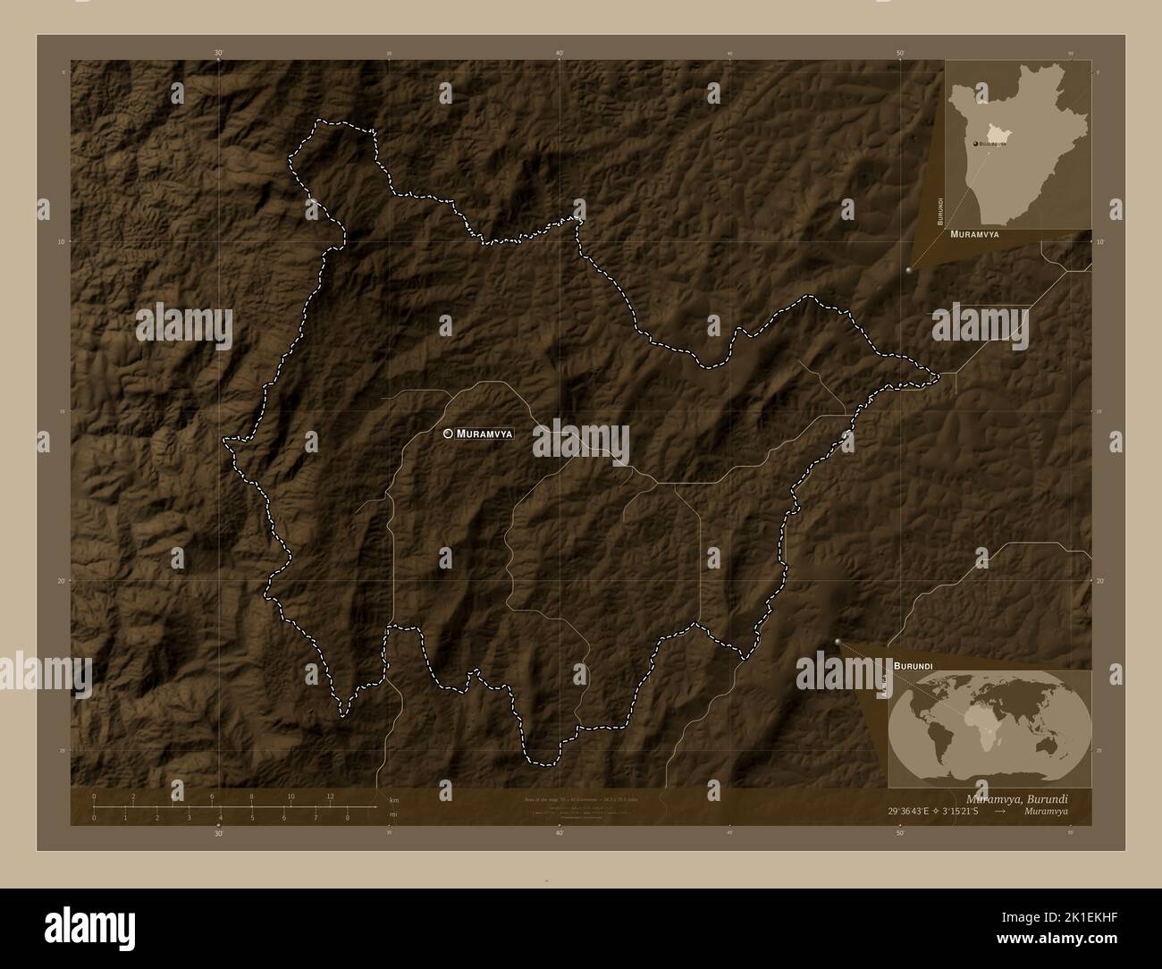 Muramvya, province of Burundi. Elevation map colored in sepia tones ...
