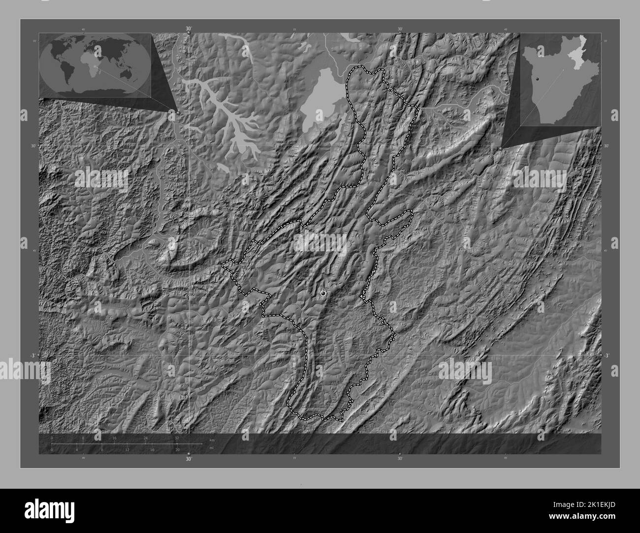 Muyinga, province of Burundi. Bilevel elevation map with lakes and ...