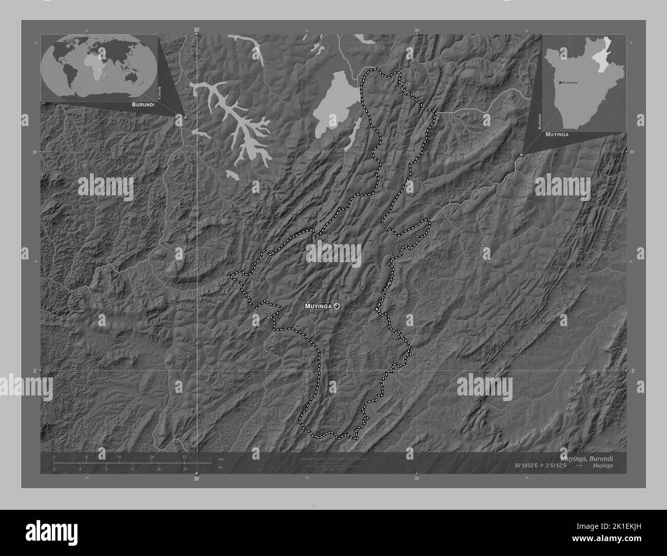 Muyinga, province of Burundi. Grayscale elevation map with lakes and ...