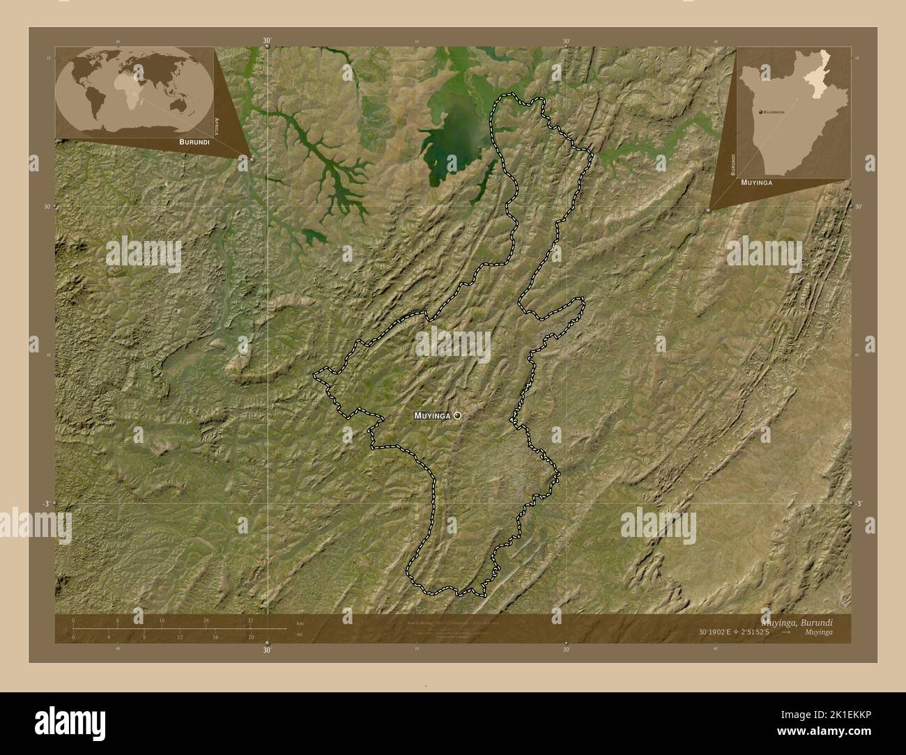 Muyinga, province of Burundi. Low resolution satellite map. Locations ...