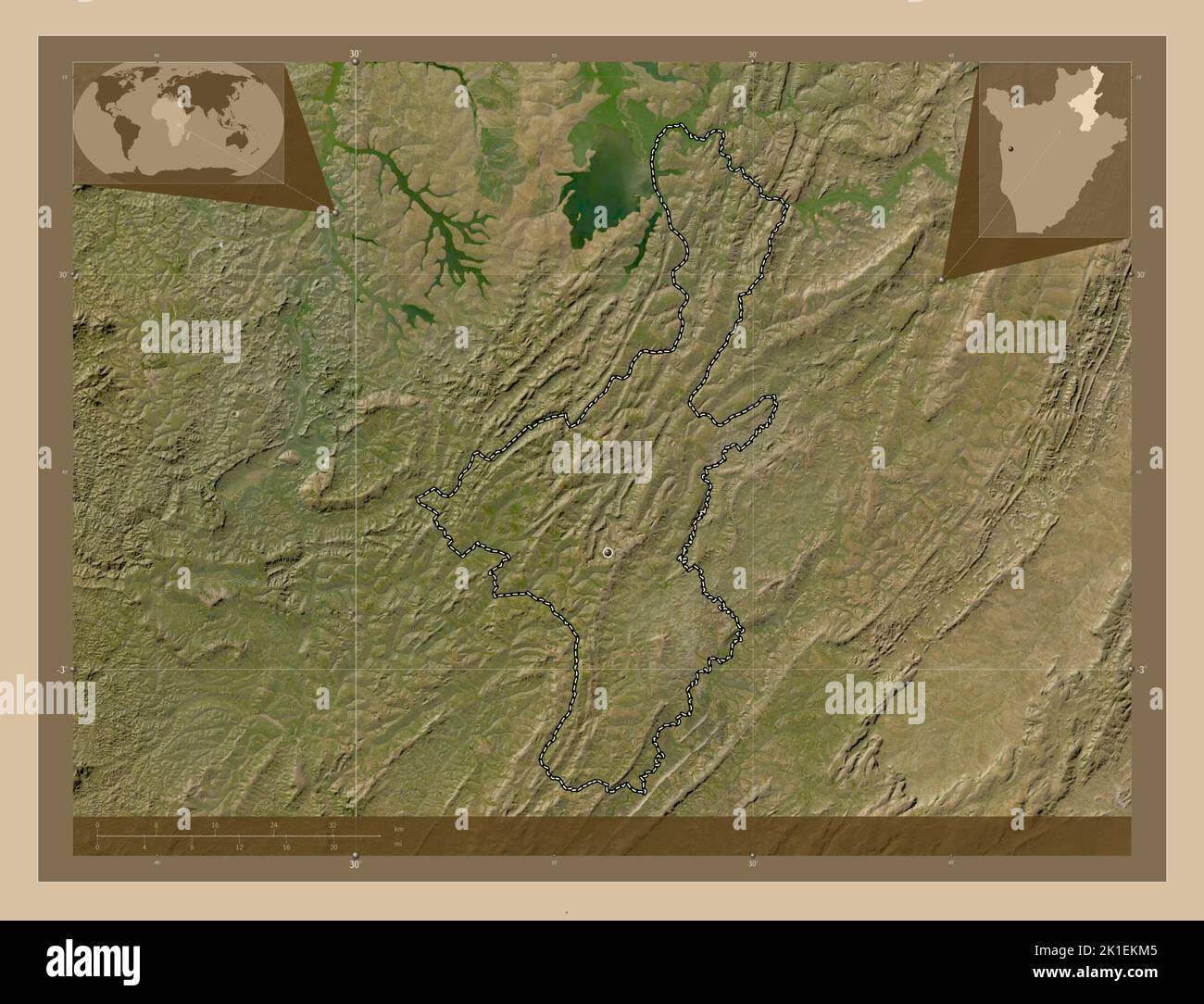 Muyinga, province of Burundi. Low resolution satellite map. Locations ...