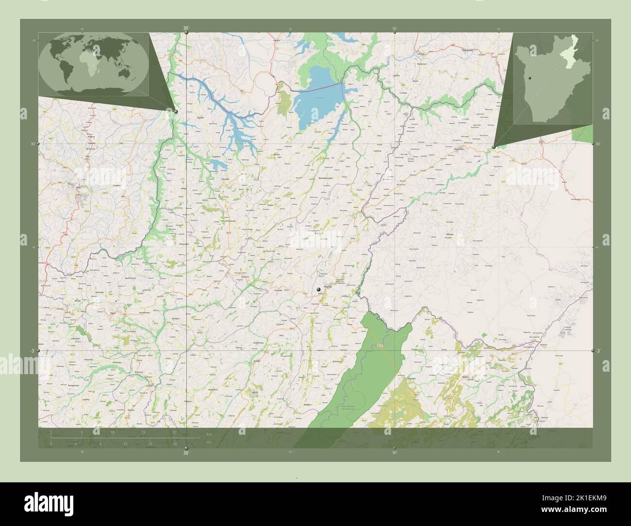 Muyinga, province of Burundi. Open Street Map. Locations of major ...