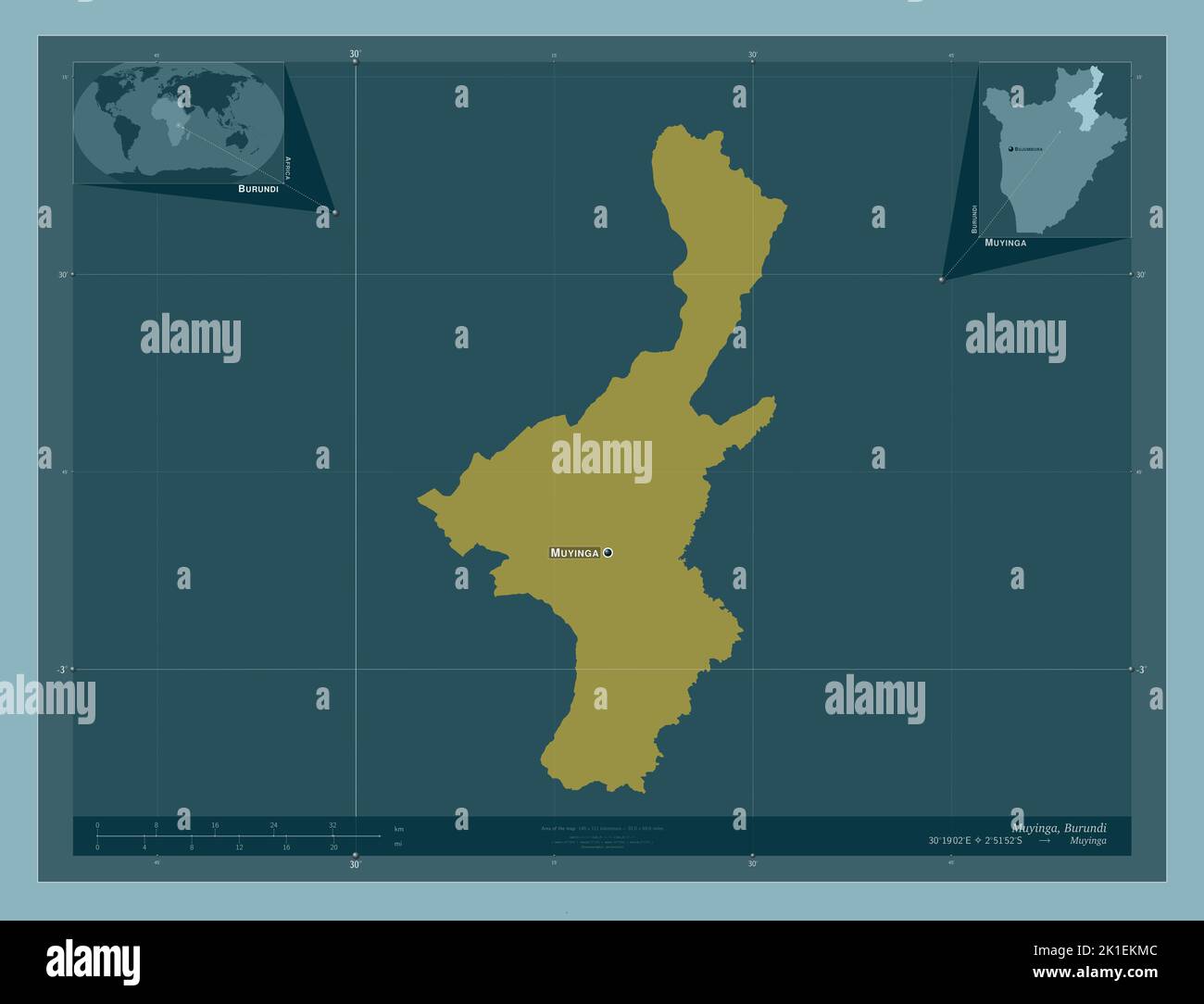 Muyinga, province of Burundi. Solid color shape. Locations and names of ...