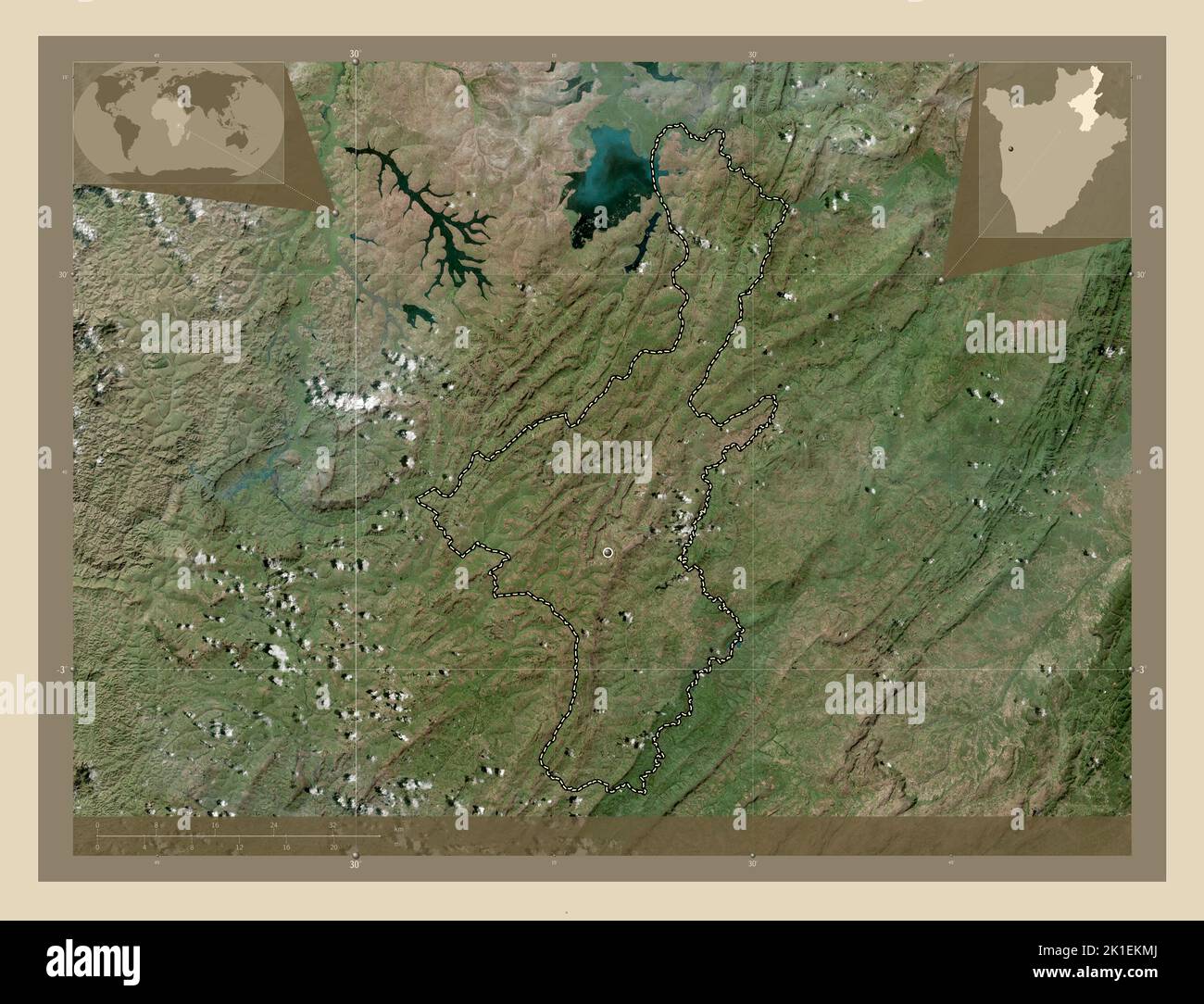 Muyinga, province of Burundi. High resolution satellite map. Corner ...