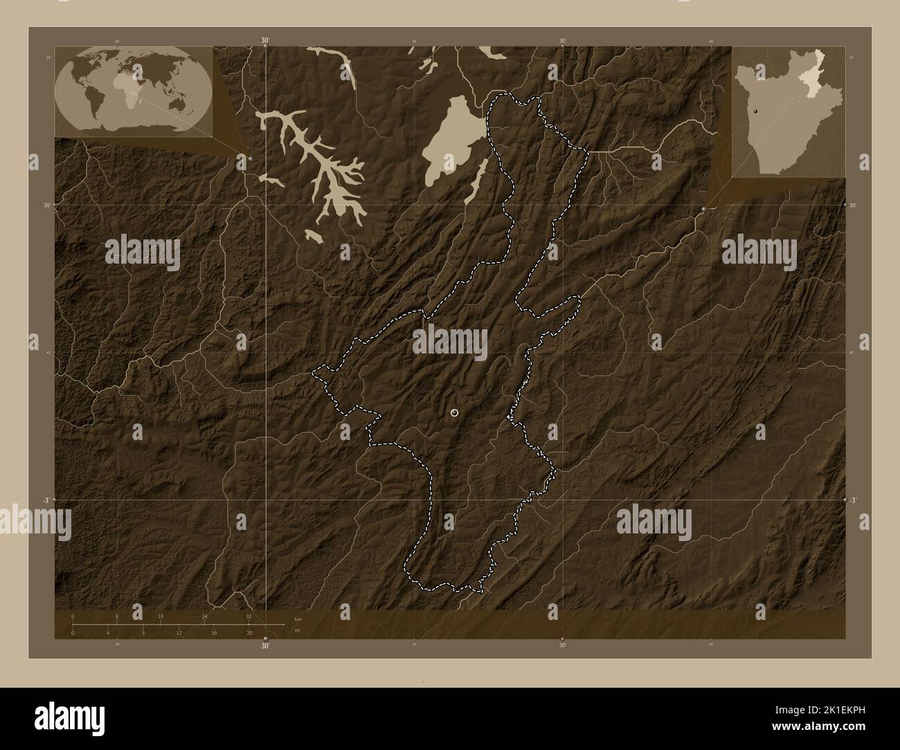 Muyinga, province of Burundi. Elevation map colored in sepia tones with ...