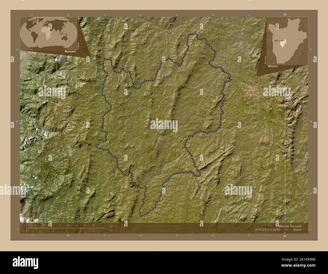 Mwaro, province of Burundi. Low resolution satellite map. Locations and ...