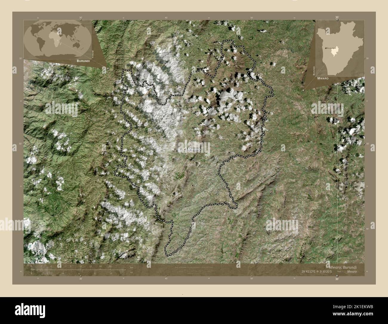 Mwaro, province of Burundi. High resolution satellite map. Locations ...