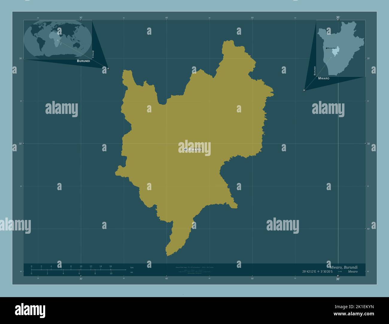 Mwaro, province of Burundi. Solid color shape. Locations and names of ...