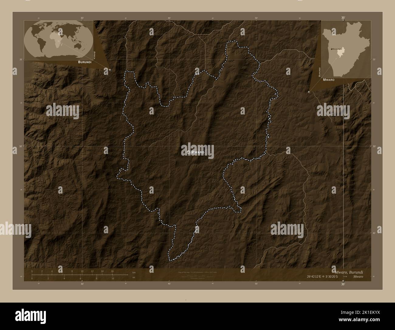 Mwaro, province of Burundi. Elevation map colored in sepia tones with ...