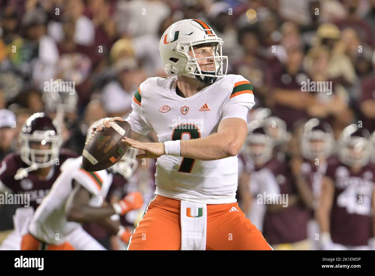 College Station, TX, USA. 17th Sep, 2022. Miami Hurricanes quarterback ...
