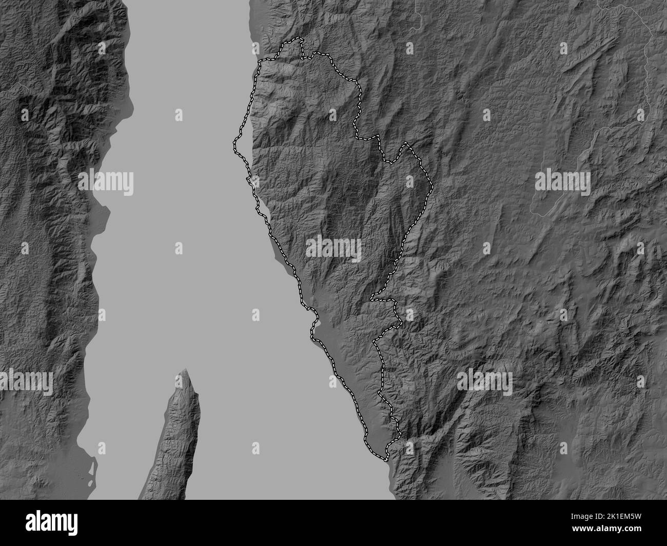 Rumonge, city of Burundi. Grayscale elevation map with lakes and rivers ...