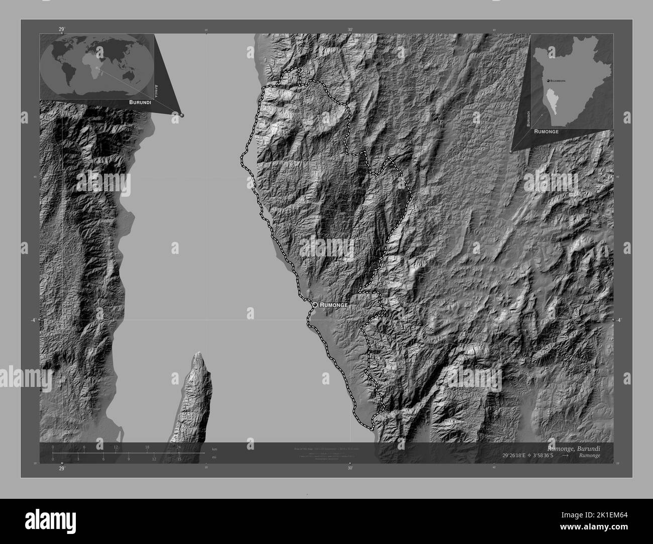 Rumonge, city of Burundi. Bilevel elevation map with lakes and rivers ...