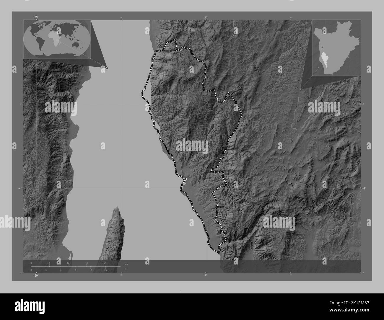 Rumonge, city of Burundi. Grayscale elevation map with lakes and rivers ...