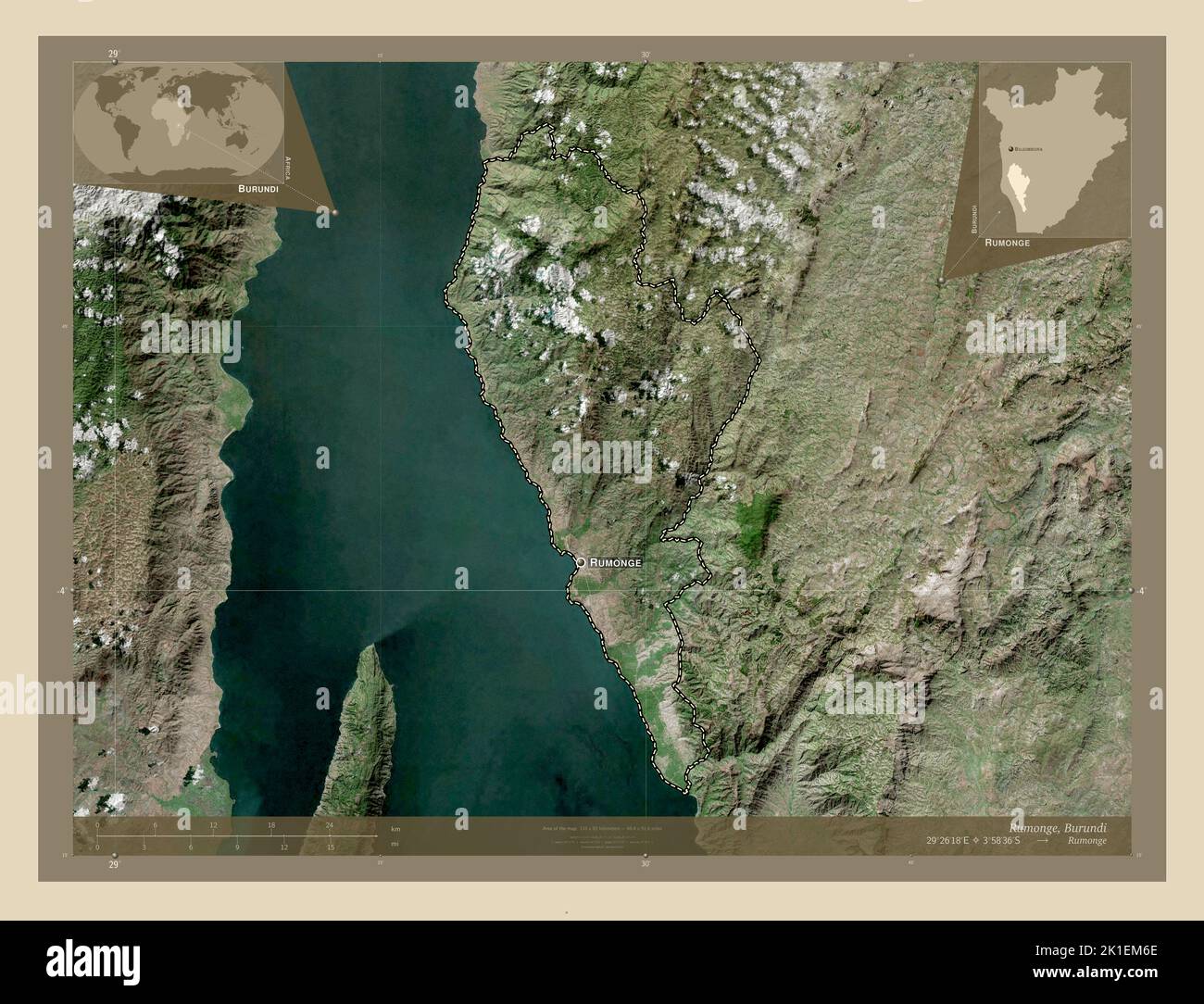 Rumonge, city of Burundi. High resolution satellite map. Locations and ...