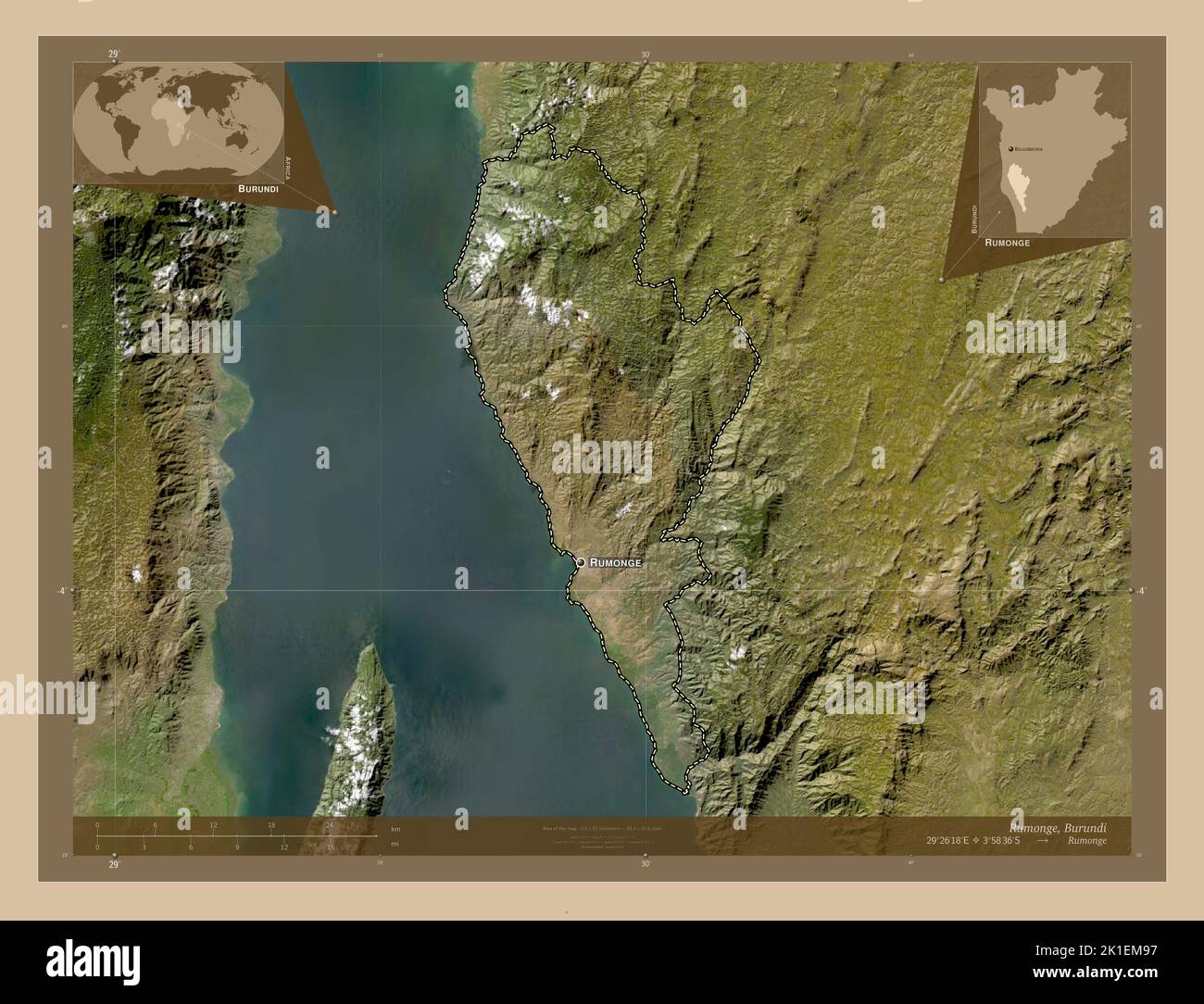 Rumonge, city of Burundi. Low resolution satellite map. Locations and ...