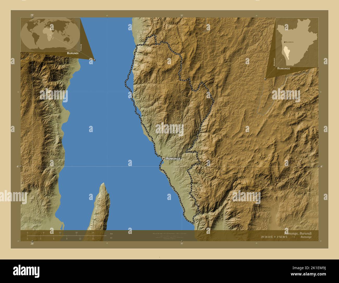 Rumonge, city of Burundi. Colored elevation map with lakes and rivers ...
