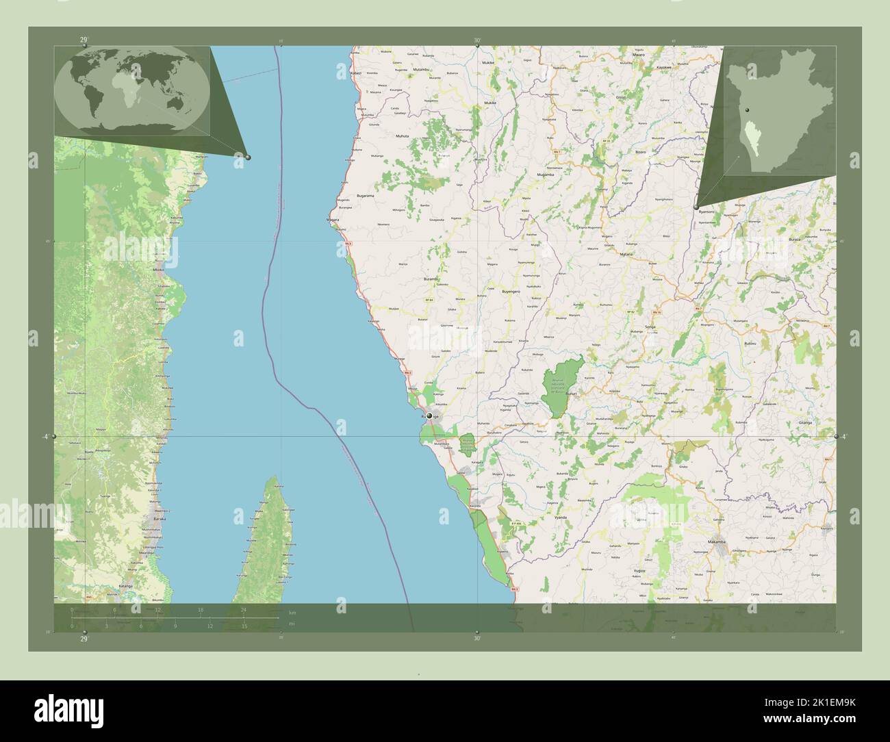 Rumonge, city of Burundi. Open Street Map. Locations of major cities of ...
