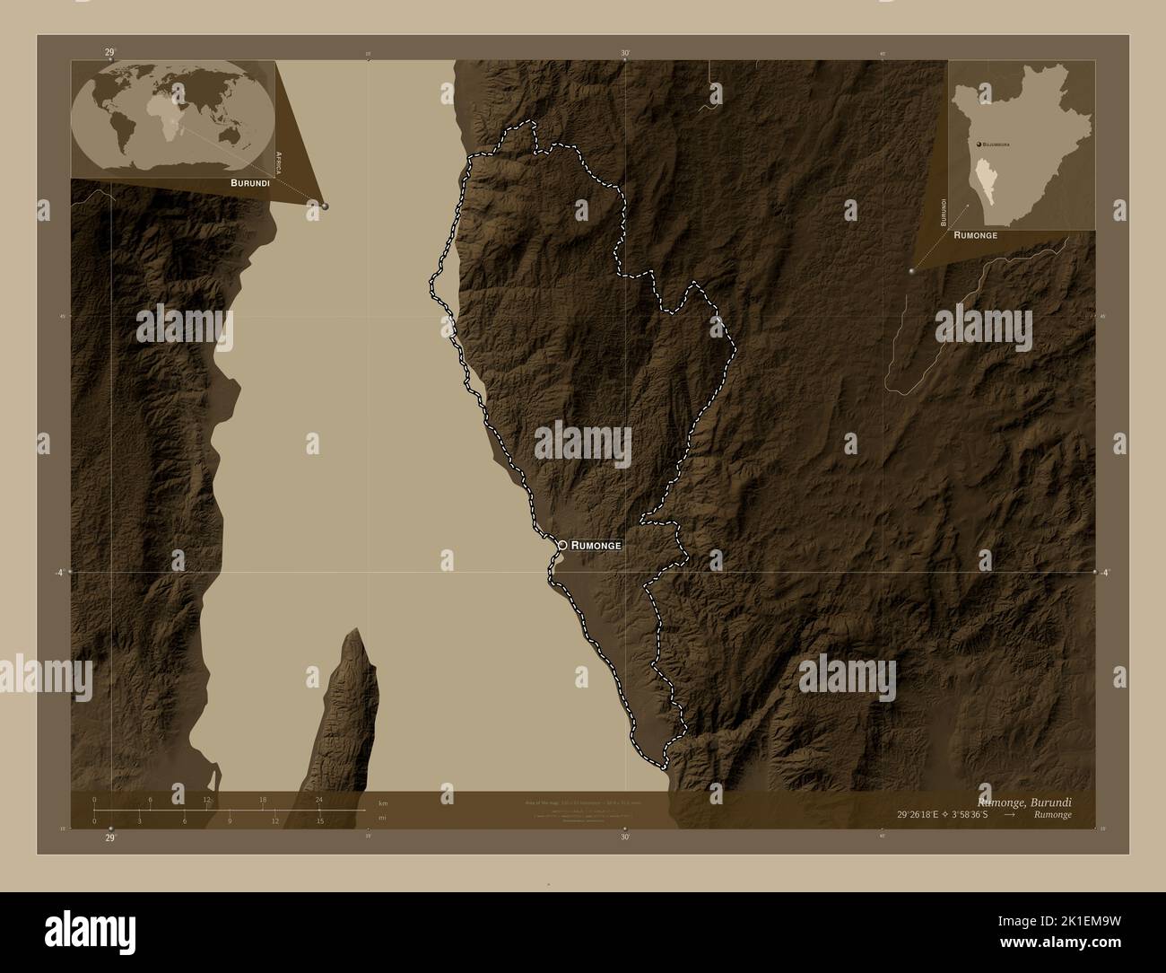 Rumonge, city of Burundi. Elevation map colored in sepia tones with ...
