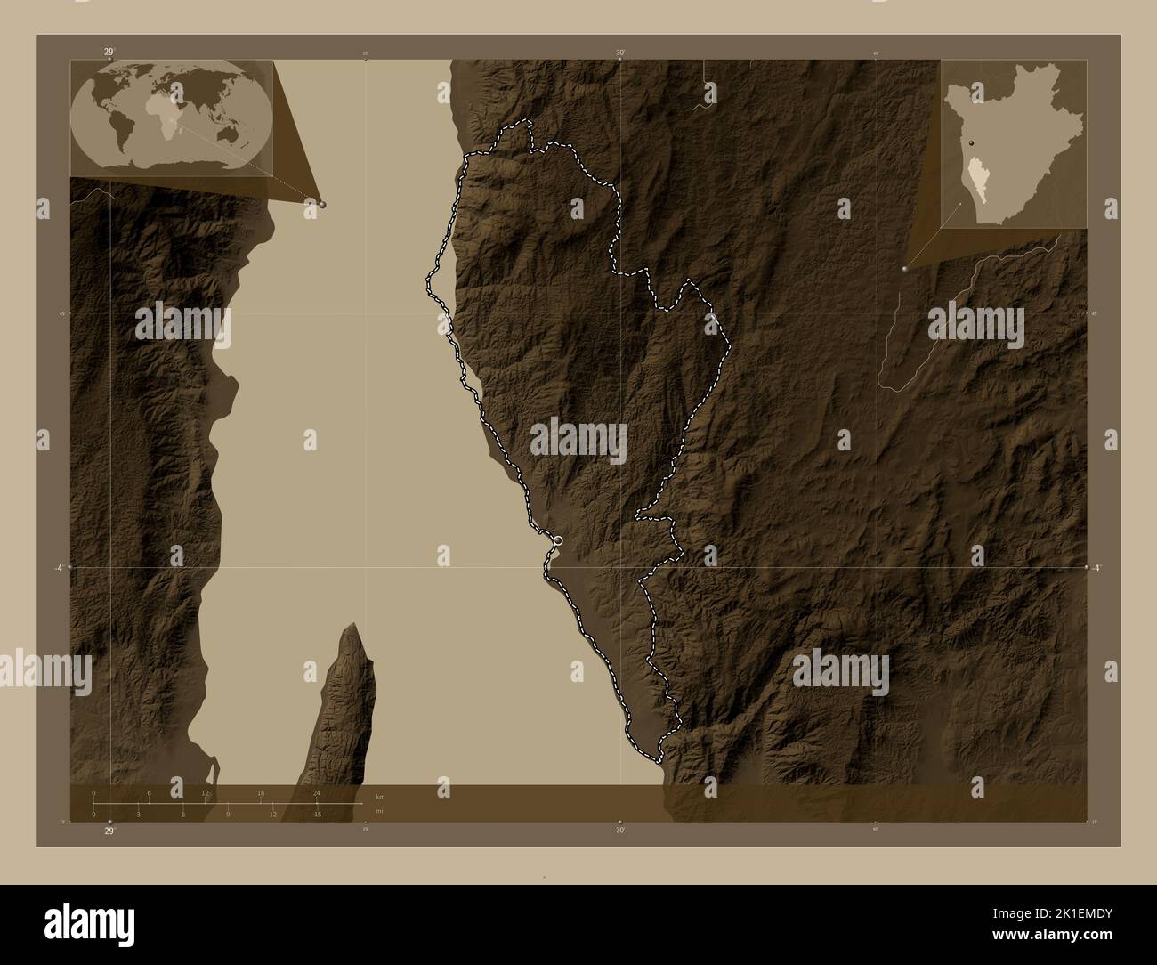 Rumonge, city of Burundi. Elevation map colored in sepia tones with ...