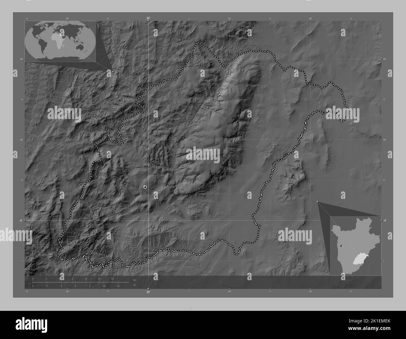Rutana, province of Burundi. Grayscale elevation map with lakes and ...