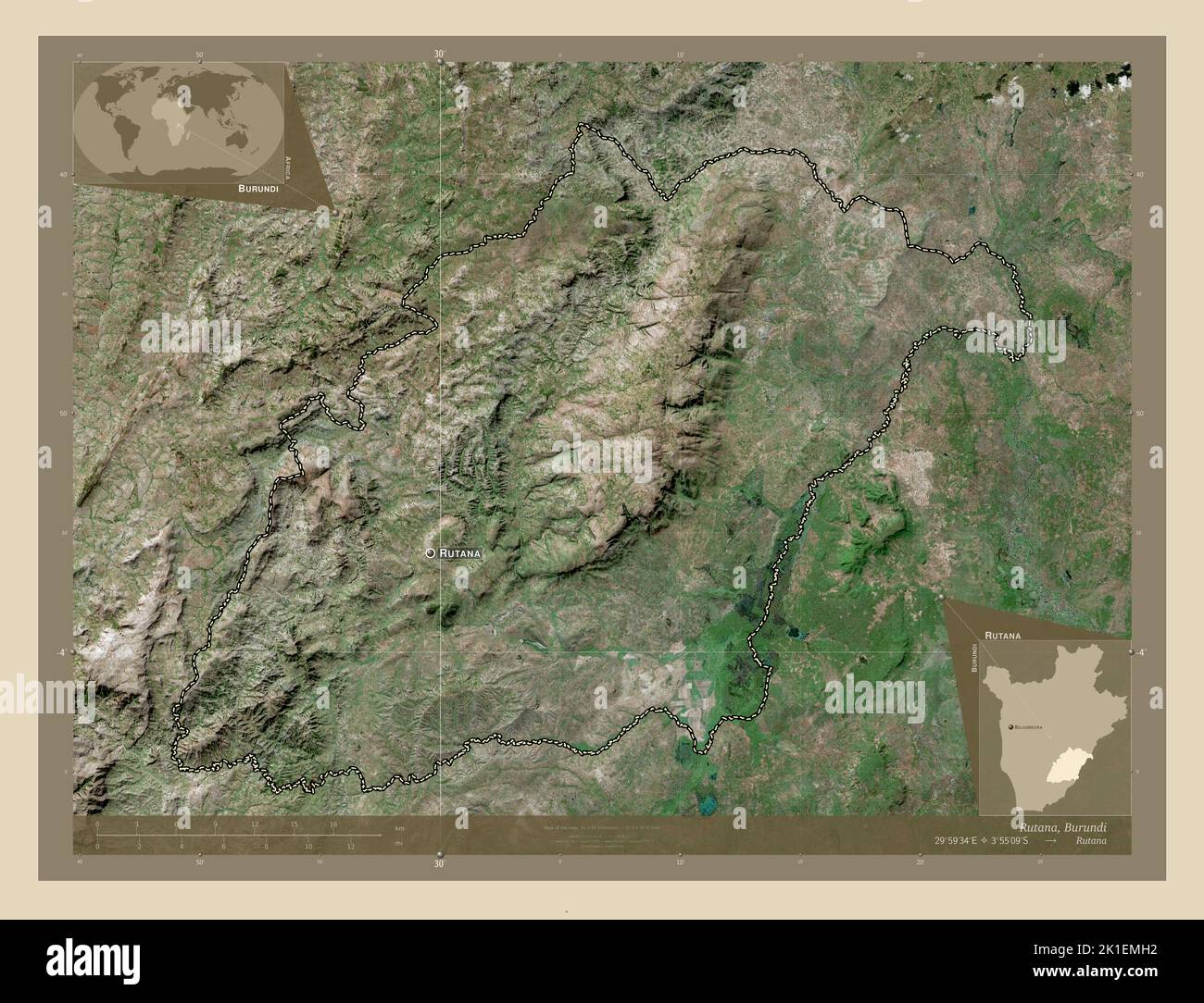 Rutana, province of Burundi. High resolution satellite map. Locations ...