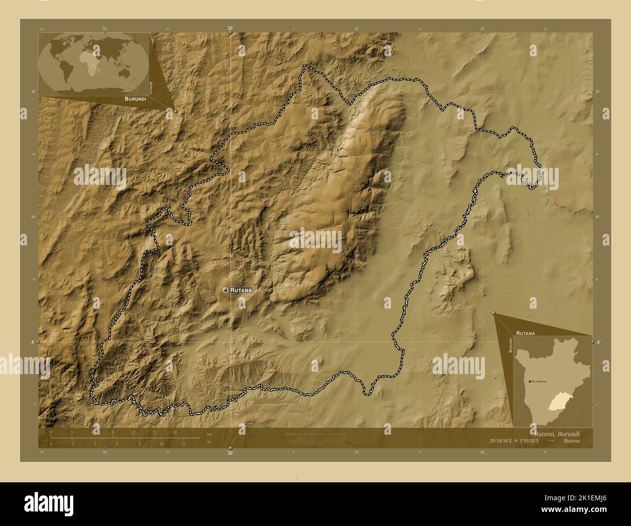 Rutana, province of Burundi. Colored elevation map with lakes and ...