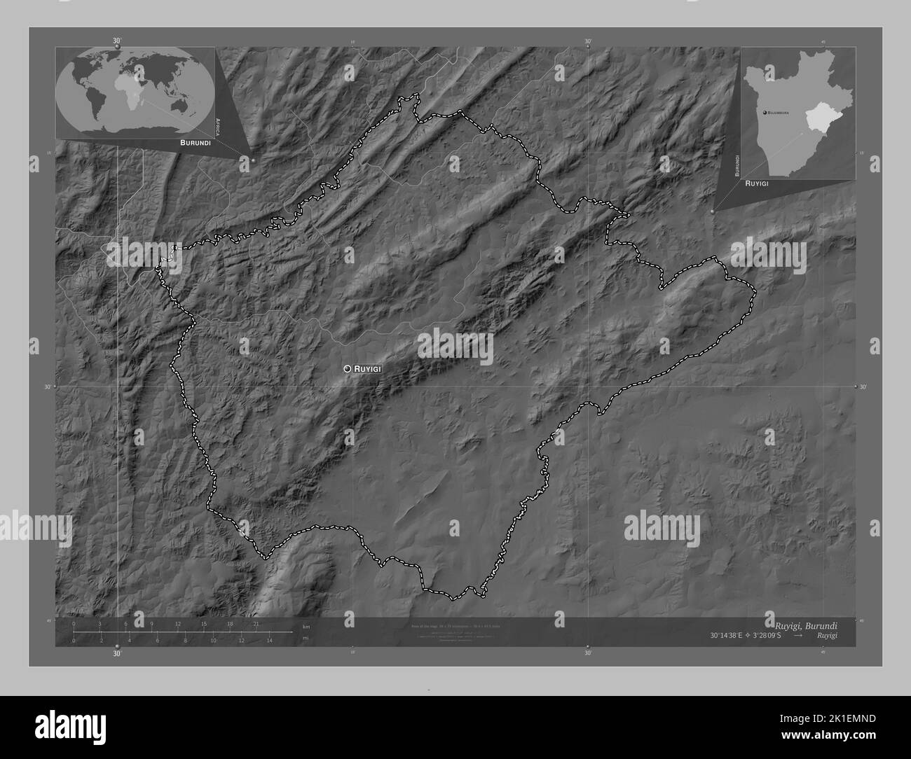 Ruyigi, province of Burundi. Grayscale elevation map with lakes and ...