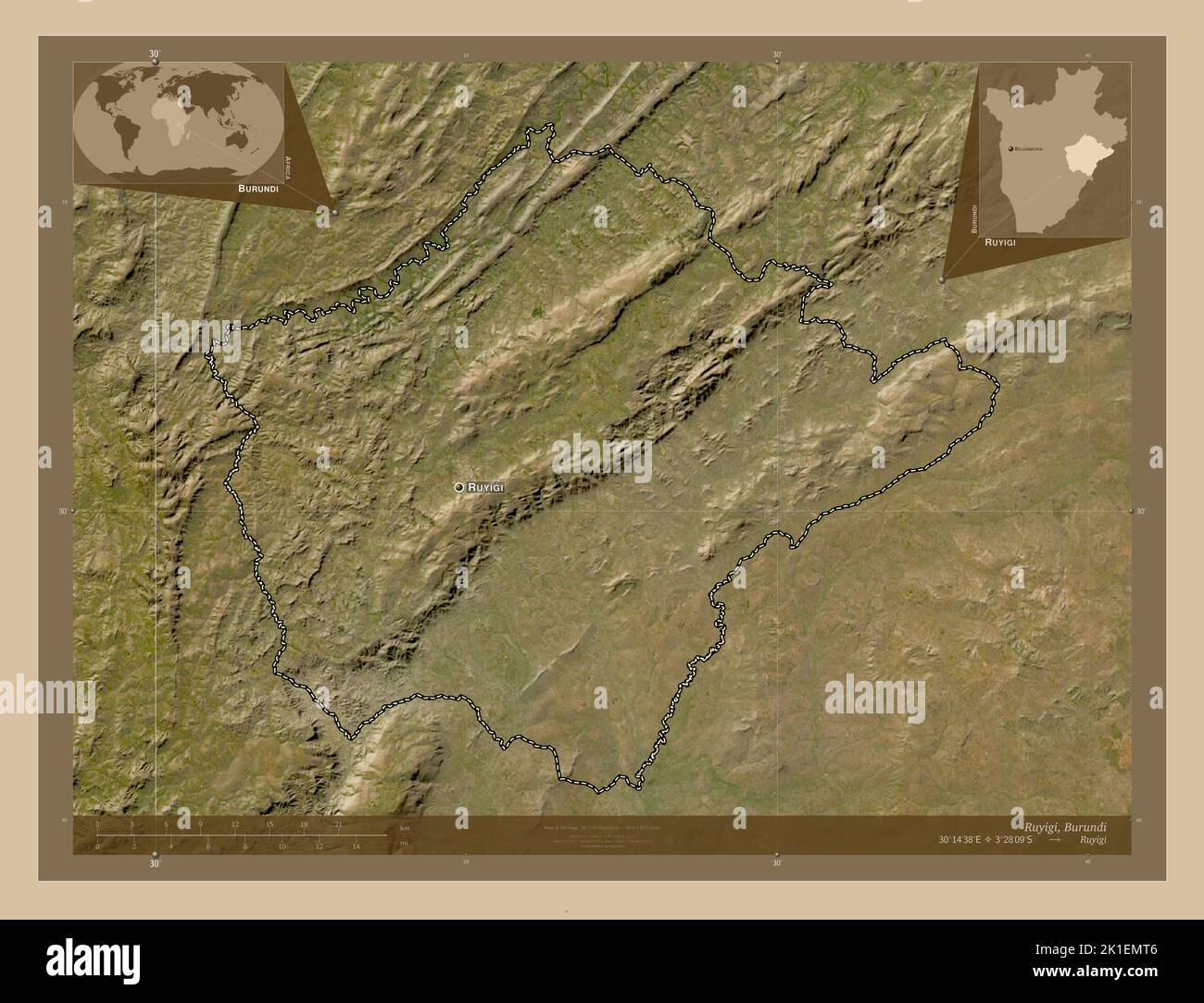Ruyigi, province of Burundi. Low resolution satellite map. Locations ...