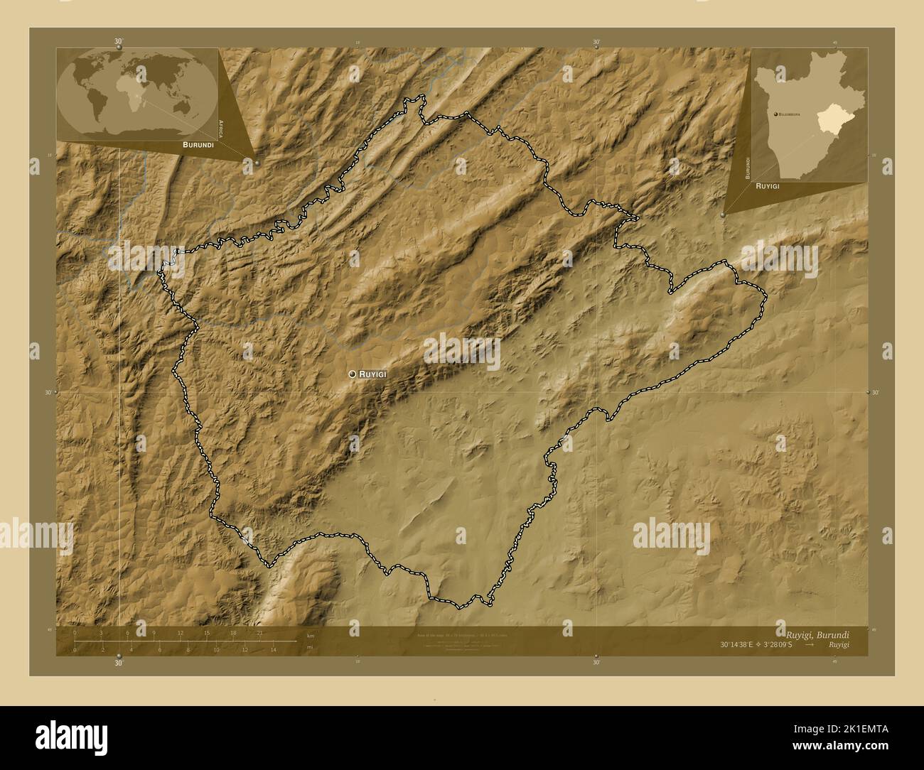 Ruyigi, province of Burundi. Colored elevation map with lakes and ...