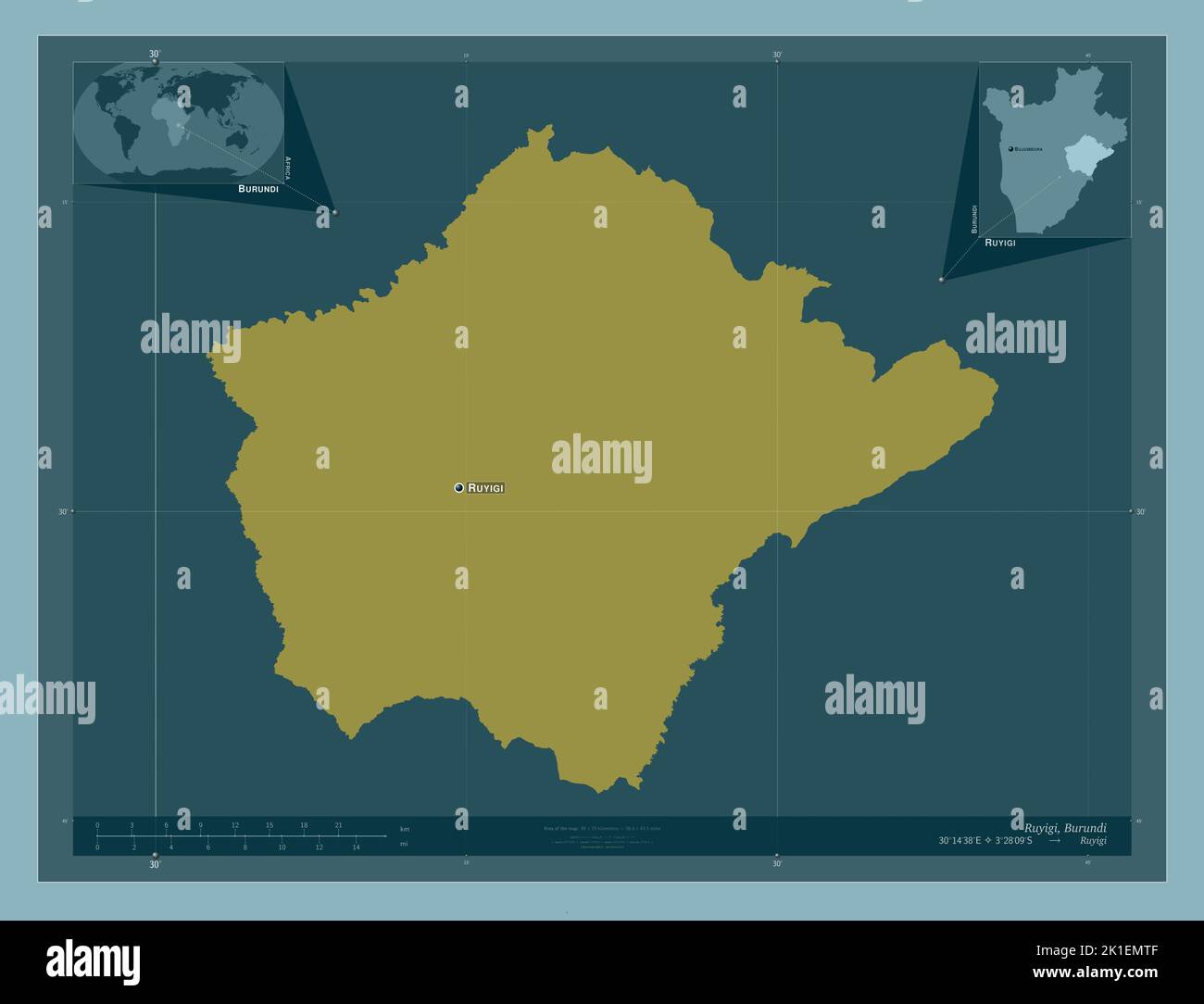 Ruyigi, province of Burundi. Solid color shape. Locations and names of ...