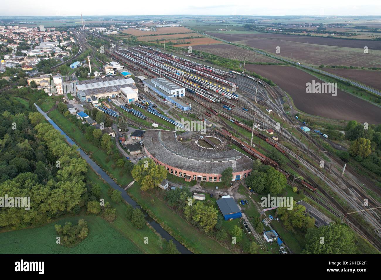Railway turntable for locomotives aerial panorama landscape view ...