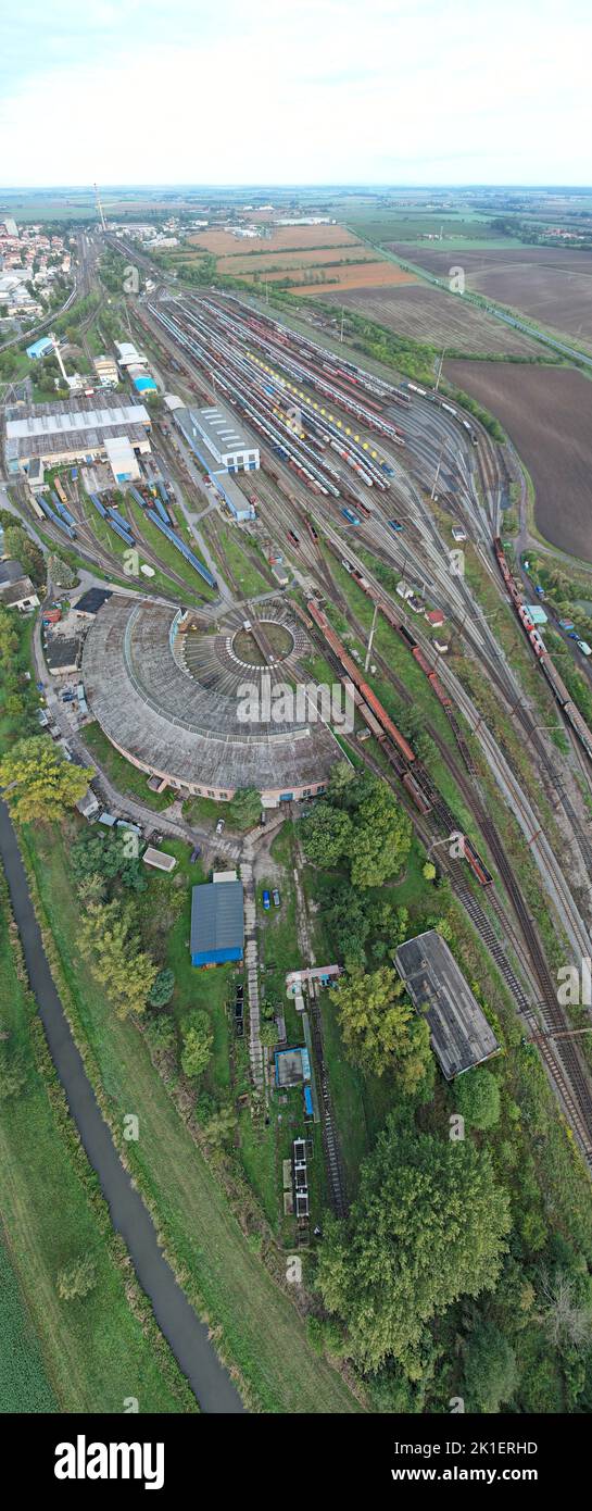 Railway turntable for locomotives aerial panorama landscape view ...