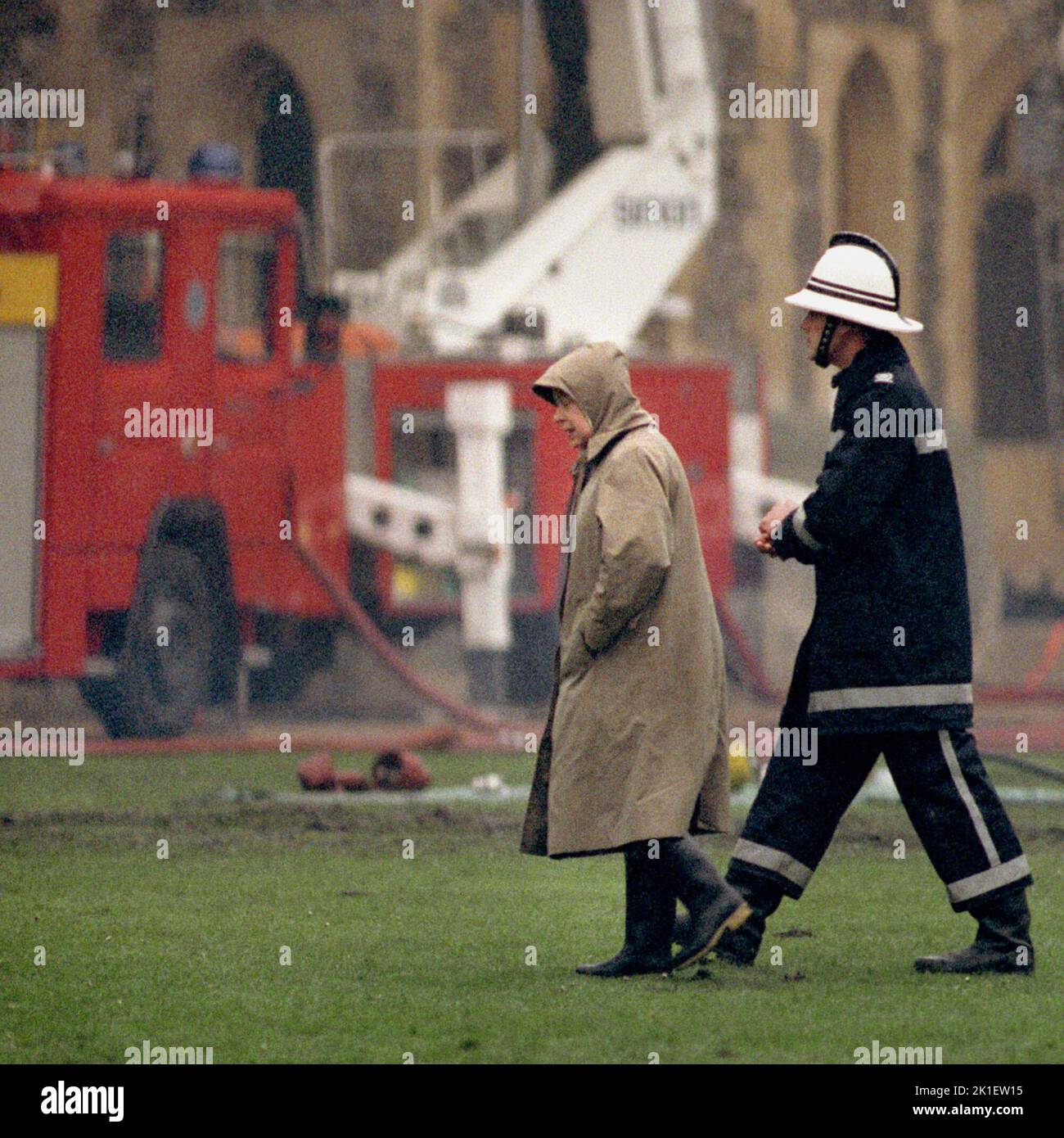 File photo dated 21/11/92 of Queen Elizabeth II surveying the scene at ...