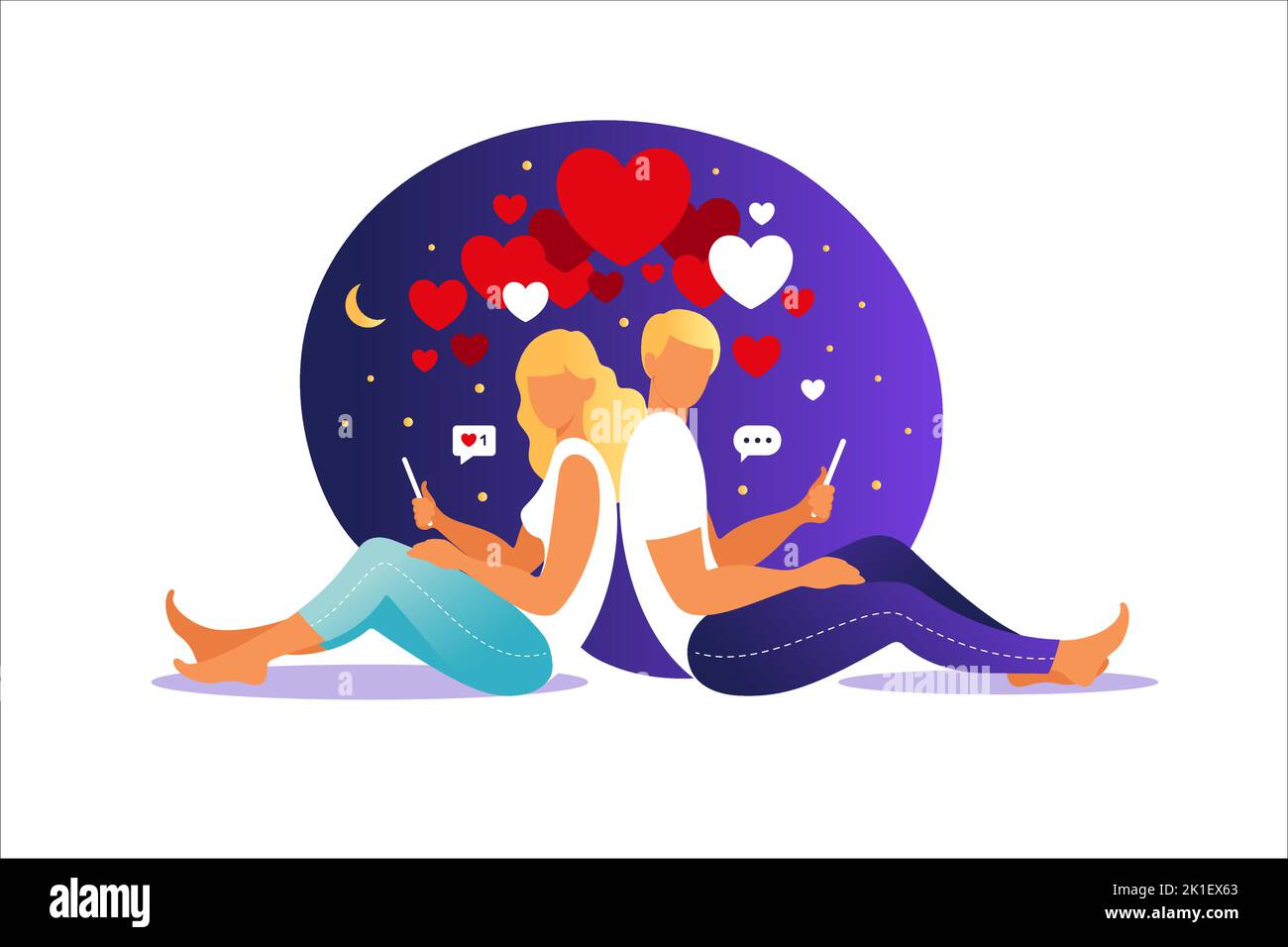 Virtual relationships. Online dating. Man and woman in love. Couple ...