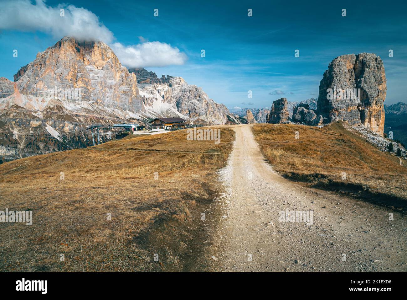 Ski lift station near Cinque Torri rock formations. Beautiful wide ...
